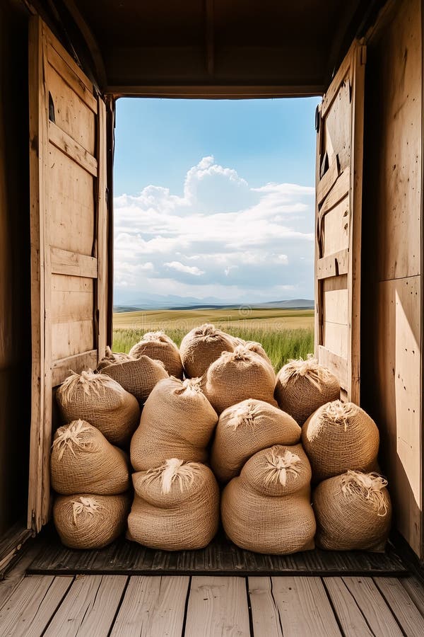 Onion Sacks are Stacked and Ready for Loading into a Truck, Framed by ...