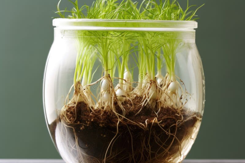 Onion Sprouts in a Transparent Pot, Revealing Root Growth Stock Image ...