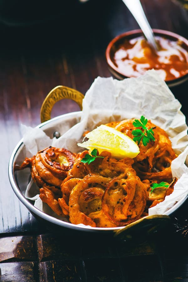 Onions Bhaji with Mango Chutney Stock Photo - Image of mango, appetizer ...