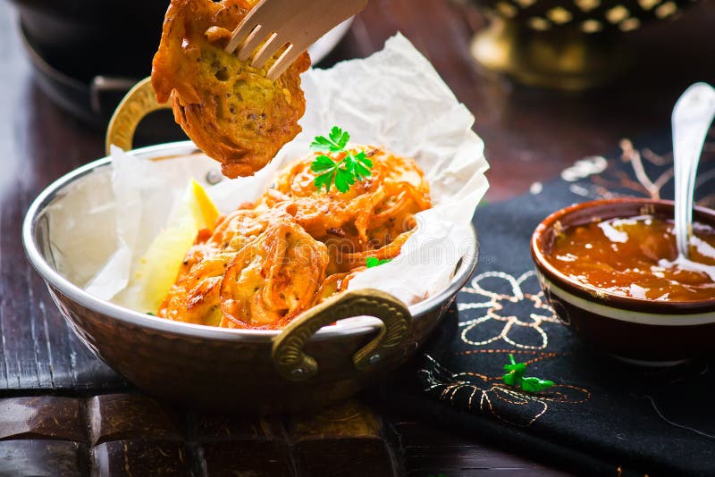 Onions Bhaji with Mango Chutney Stock Image - Image of crispy, fast ...