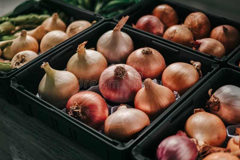 Onions in Black Plastic Box, Fresh Produce Display Concept Stock ...