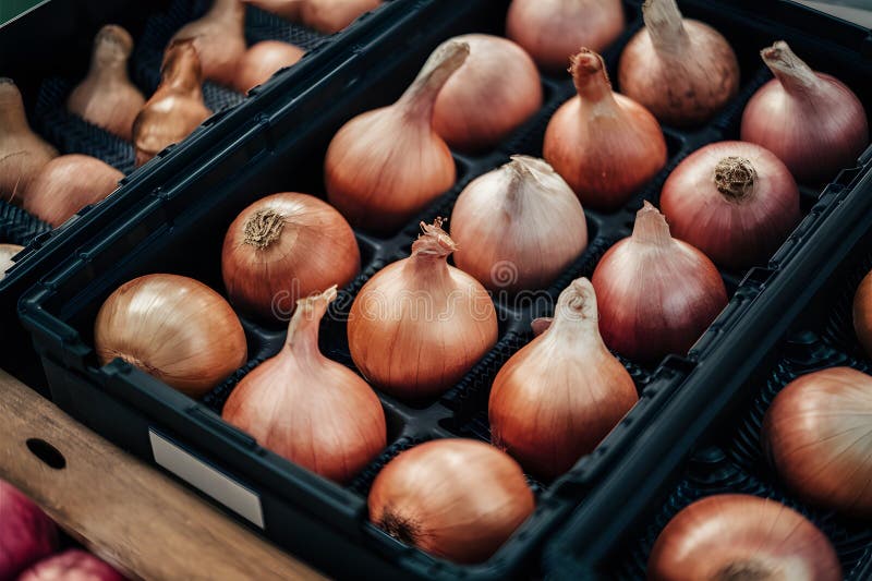 Onions in Black Plastic Box, Fresh Produce Display Concept Stock ...
