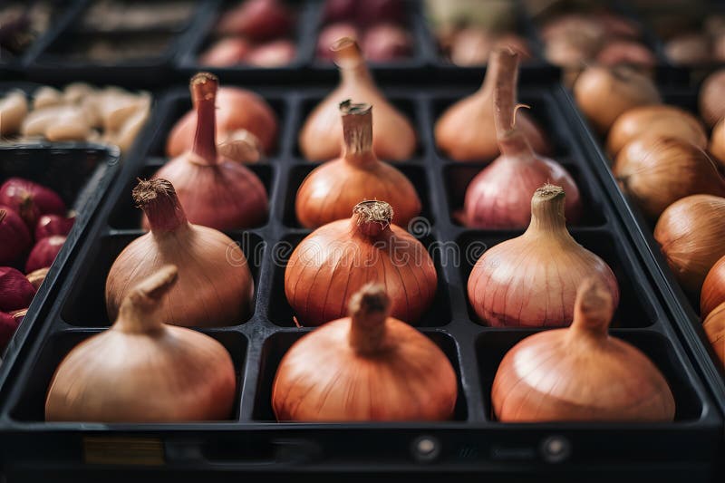 Onions in Black Plastic Box, Fresh Produce Display Concept Stock ...