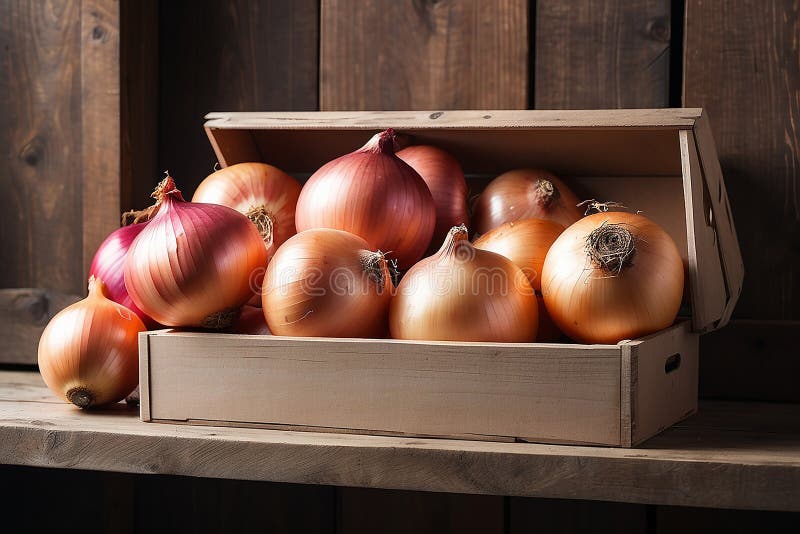 Onions in a Box on a Wooden Shelf Stock Photo - Image of ingredient ...