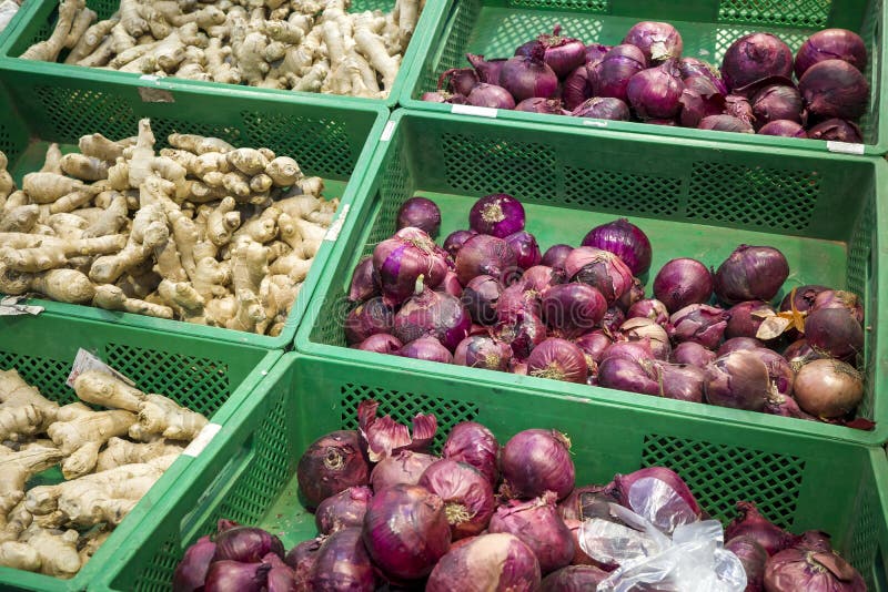 Onions on the Counter , Vegetables in Boxes in the Supermarket Stock ...