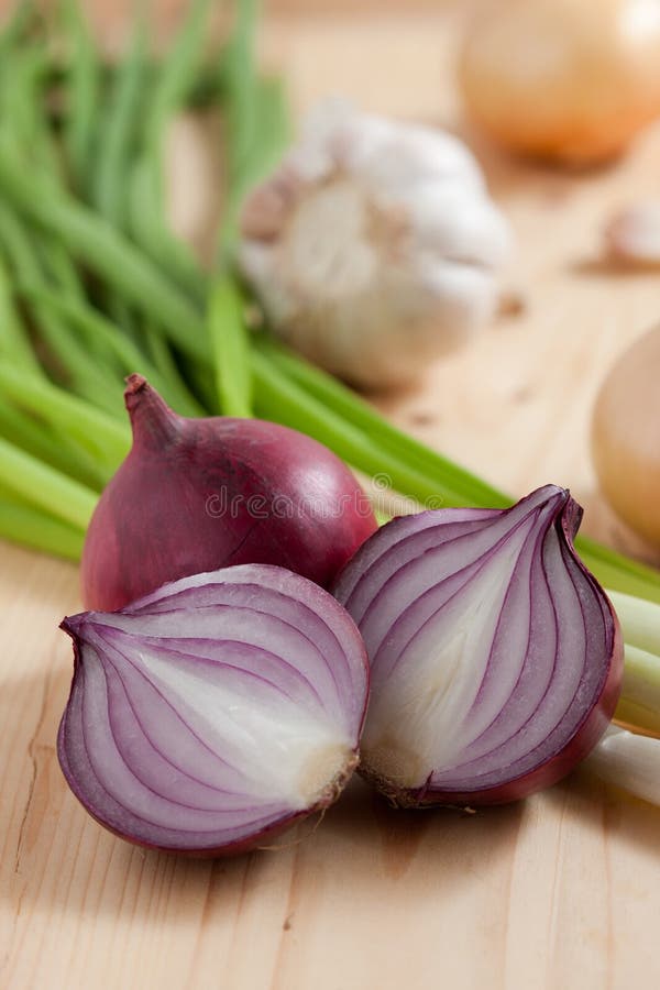 Onions, Garlic and Spring Onions on Wooden Kitchen Stock Image - Image ...