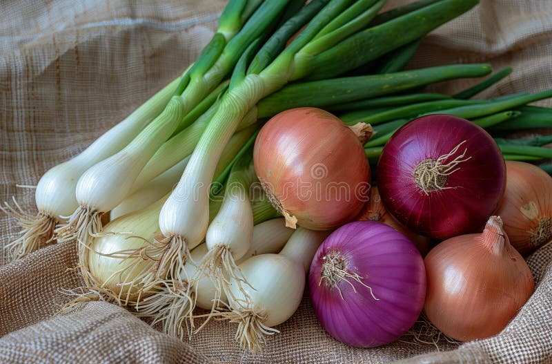 Onions and Spring Onions on Table Stock Image - Image of group, spice ...