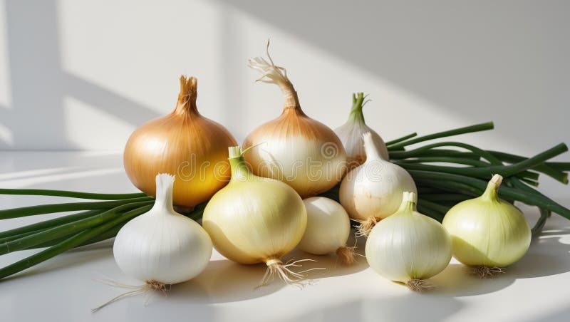 Onions Yellow and White Varieties with Fresh Green Onions. Stock Photo ...