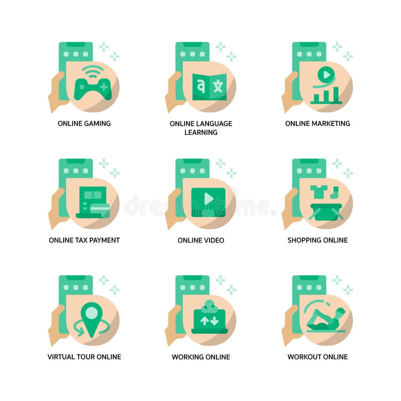 Online Activities Icons Set Stock Vector - Illustration of working ...