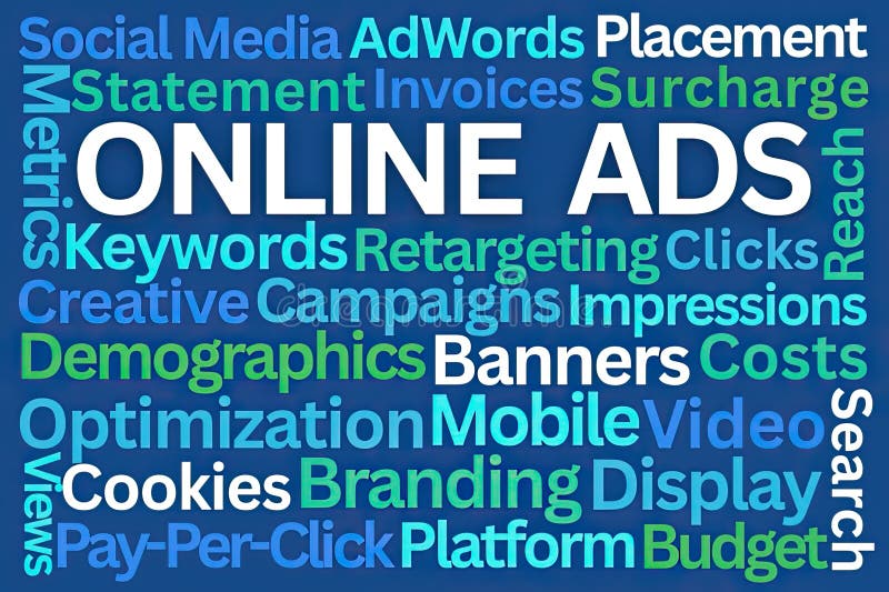 Online Ads Word Cloud on Blue Background Stock Image - Image of sign ...