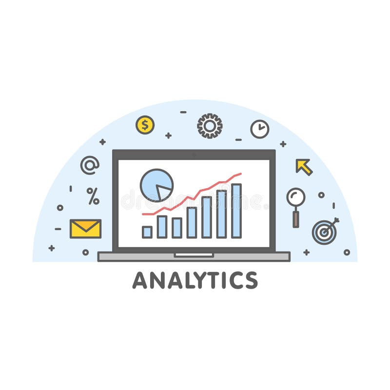 Online Analytics Concept Line Illustration. Laptop with Web Page ...