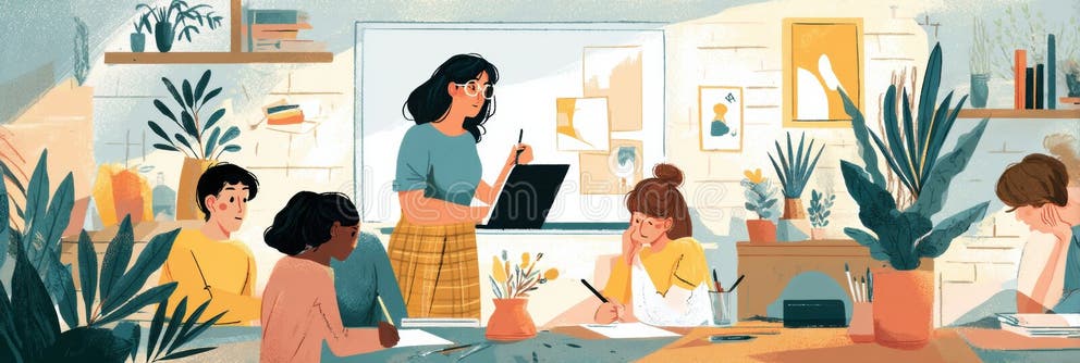 Online Art Class Session with a Teacher Guiding Students in a Creative ...