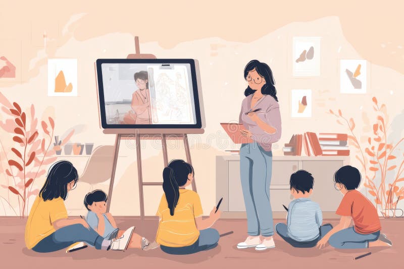 Online Art Class with a Teacher Instructing Students while they Sketch ...