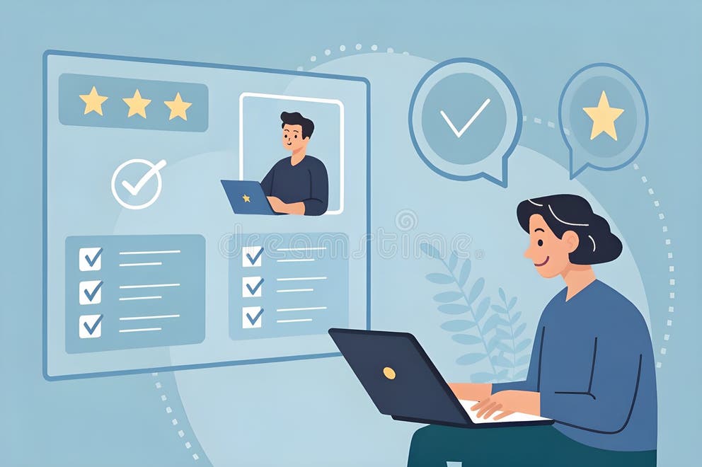 Online Assessment and Review Process Illustrative Concept Featuring Laptop User and Interface ...