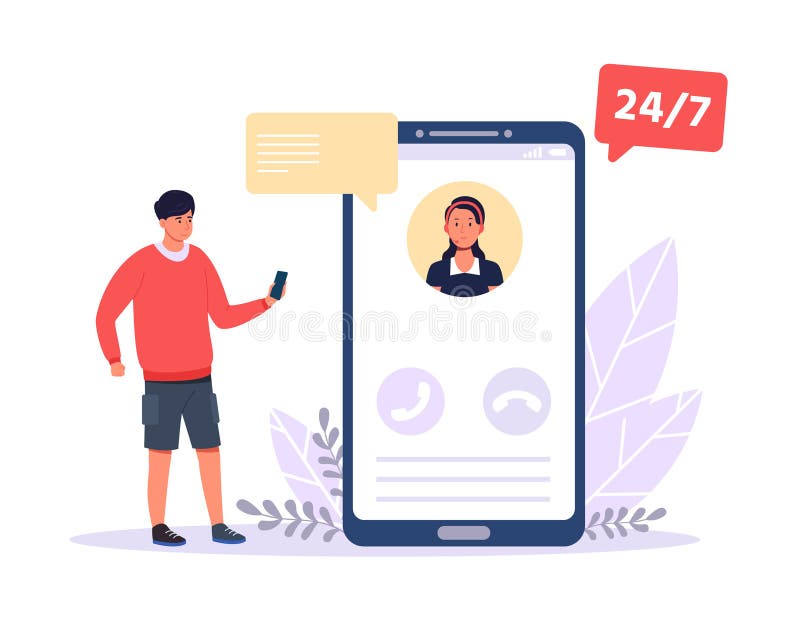 Online Assistant. Cartoon Man Calling Customer Support for Help. Woman ...