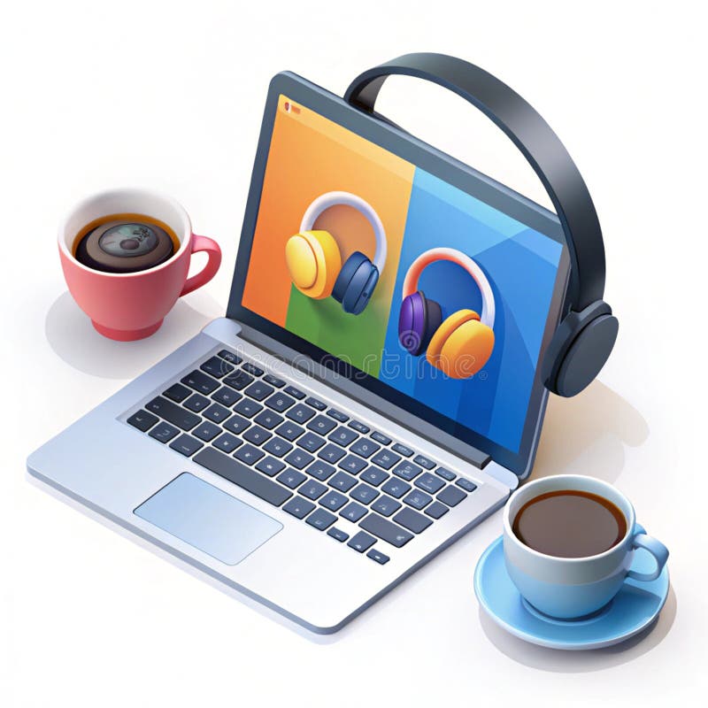 Online Audio Learning with Laptop, Headphones, and Coffee Stock Photo ...