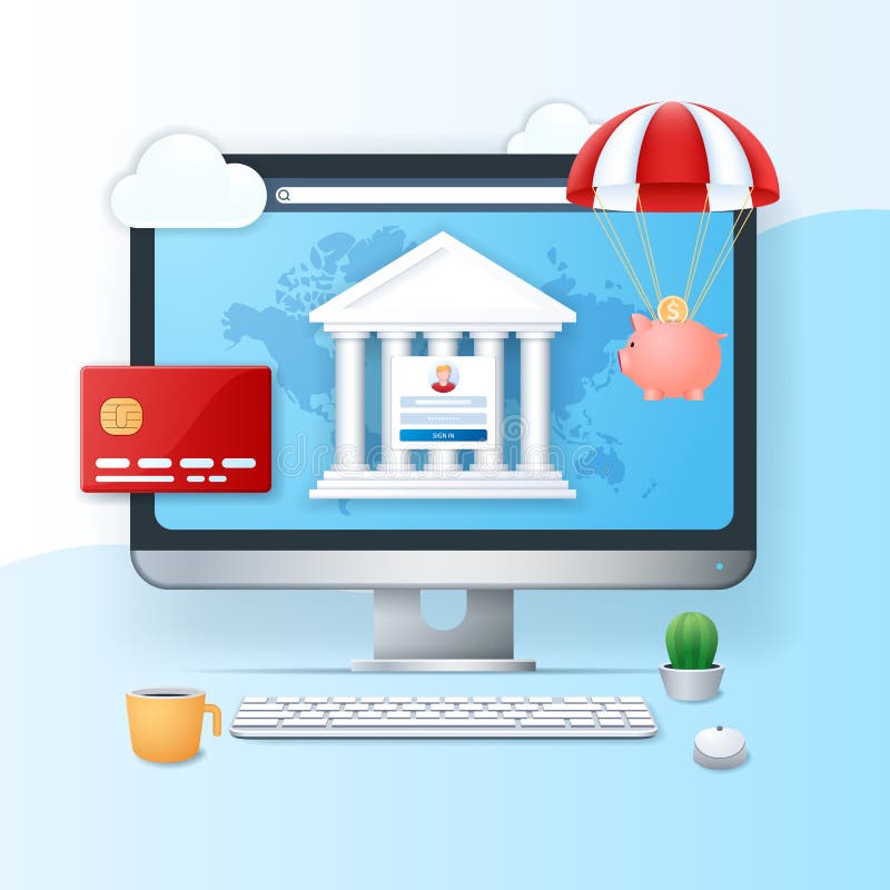 Online Banking Banner in 3D Style Stock Illustration - Illustration of ...