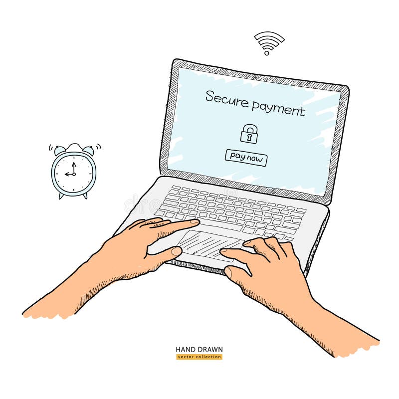 Online Banking on Computer. Secure Payment Text on Screen. Hands on ...