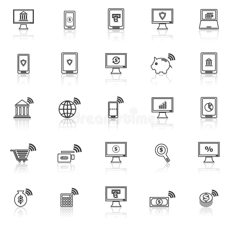 Online Banking Line Icons with Reflect on White Background Stock Vector ...