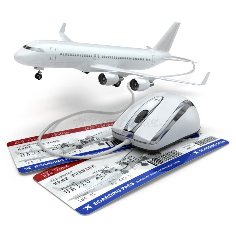 Online Booking Flight or Travel Concept. Computer Mouse, Airline Stock ...