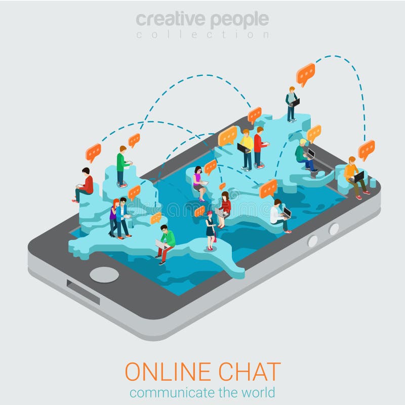 Online Chat Flat Vector Isometric: Smartphone World Map Networks Stock ...