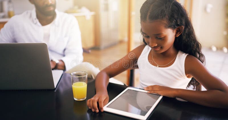 Online Class, Tablet and Homework with Father and Daughter for Education, Support and Remote ...