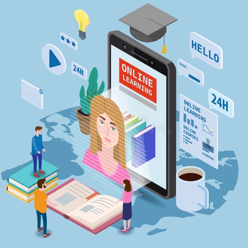 Online Coaching Training, Education, Workshops and Courses. E-learning Page with Notebook, Pile ...