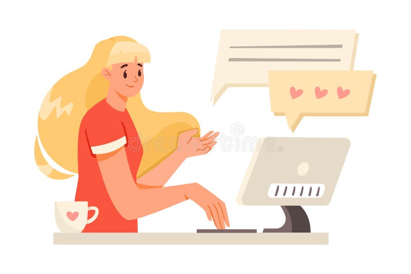 Online Communication with Woman Character at Computer Chatting Vector ...