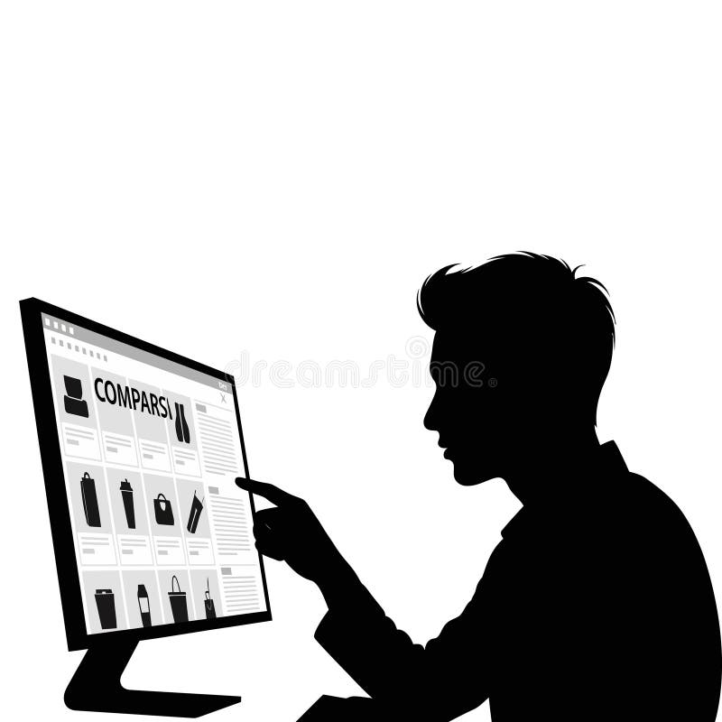 Online Comparison Shopping, Silhouette of Man Comparing Prices Online ...