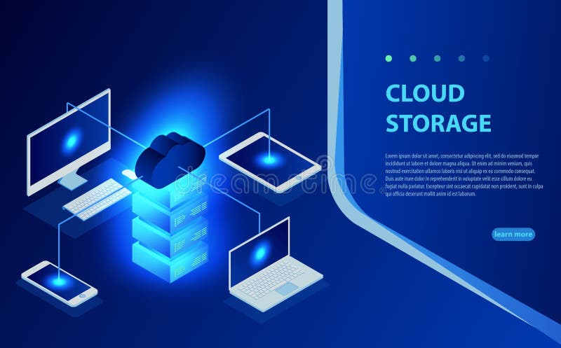 Online Computing Storage 3D Isometric Concept. Smartwatch, Computer ...