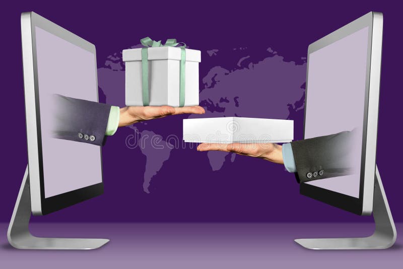 Commerce Concept, Two Hands from Laptops. Hand with Gift Box and Hand ...