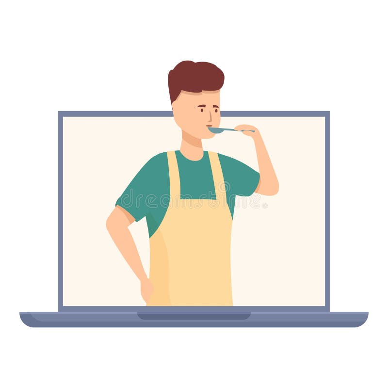 Online Cooking Class Chef Tasting Food from Laptop Screen Stock Vector ...