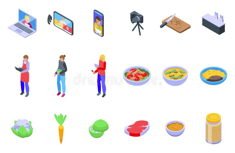 Online Cooking Classes Icons Set Isometric Vector. Tablet Cook Stock ...