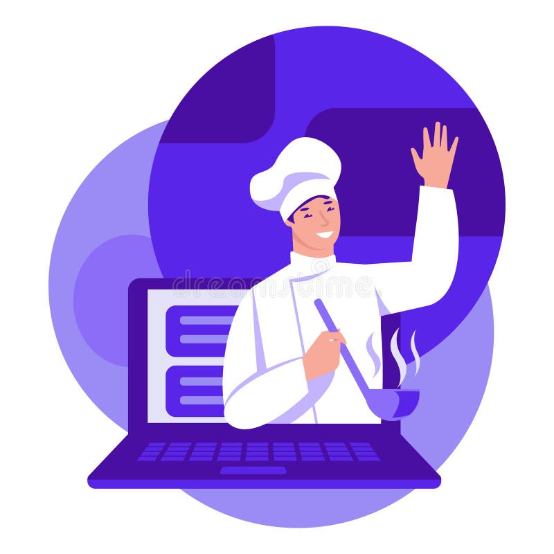 Online Cooking Lessons. Chef with a Ladle Greets with a Gesture from ...