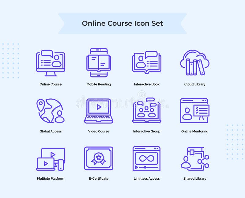 Online Course Icon Set Collection Mobile Reading Interactive Book Cloud ...