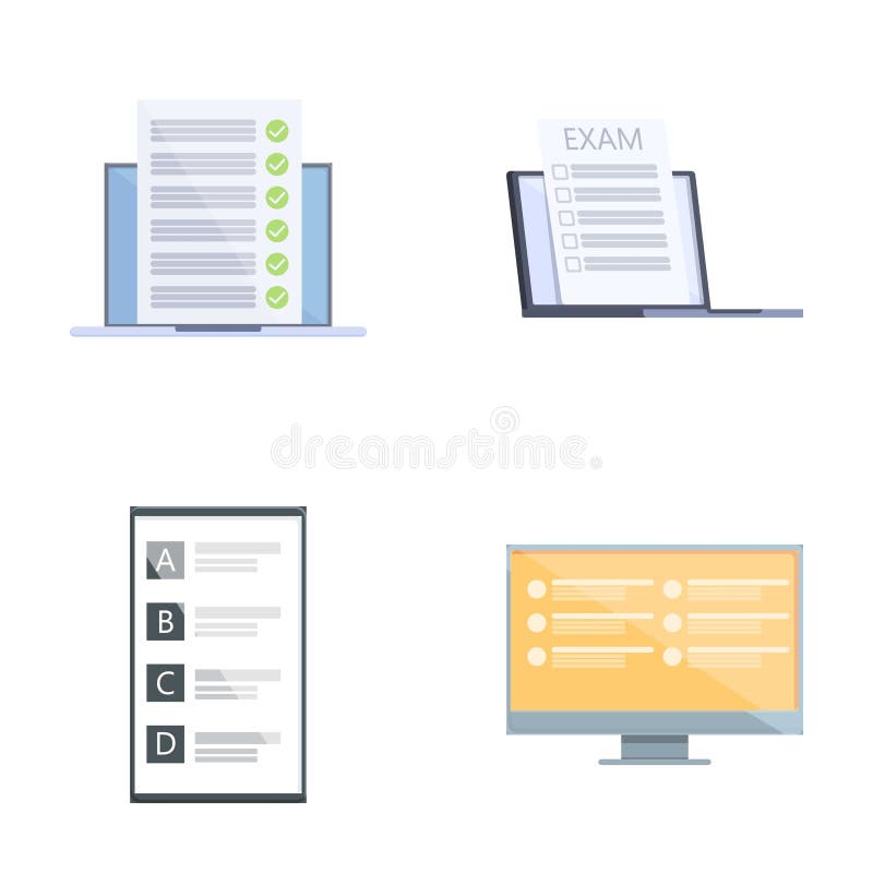 Online Course Icons Set Cartoon Vector. Taking Exam or Test on Device ...
