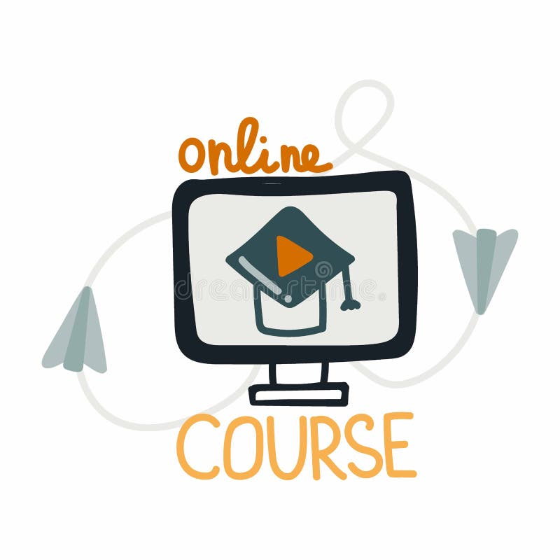 Online Course Lettering. Computer Monitor and Student Hat on Screen, E ...