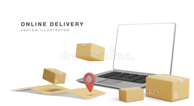 Online Delivery Banner with 3d Realistic Laptop, Parcels and Map with ...