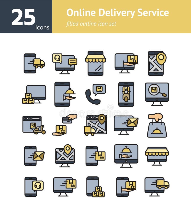 Online Delivery Service Filled Outline Icon Set. Stock Vector ...