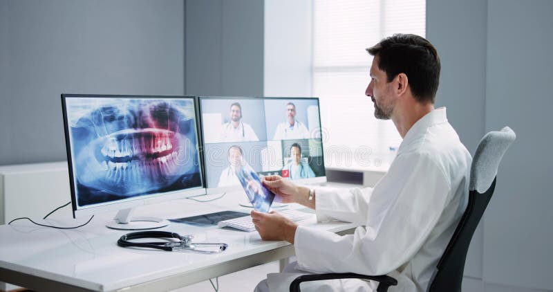 Online Dentist Video Conference on Computer Stock Image - Image of chat ...