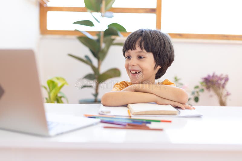 The Child Communicates Online Stock Photo - Image of homework, modern ...