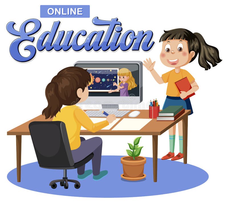 Online Education with Cartoon Character Stock Vector - Illustration of ...