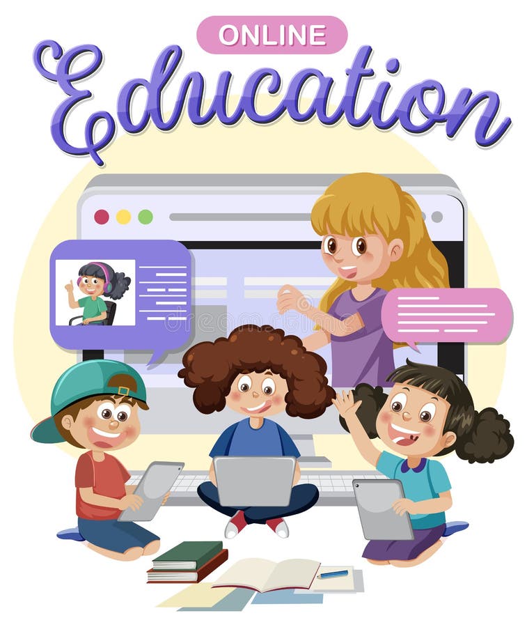Online Education with Cartoon Character Stock Vector - Illustration of ...