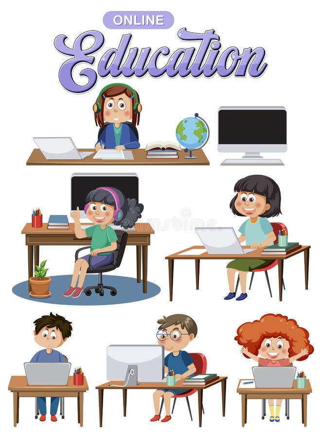 Online Education with Cartoon Character Stock Vector - Illustration of ...