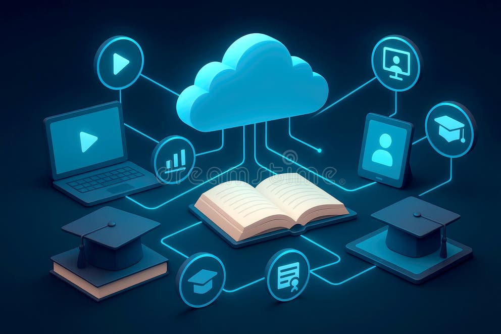 Online Education Cloud Based Learning System Stock Illustration - Illustration of laptop ...