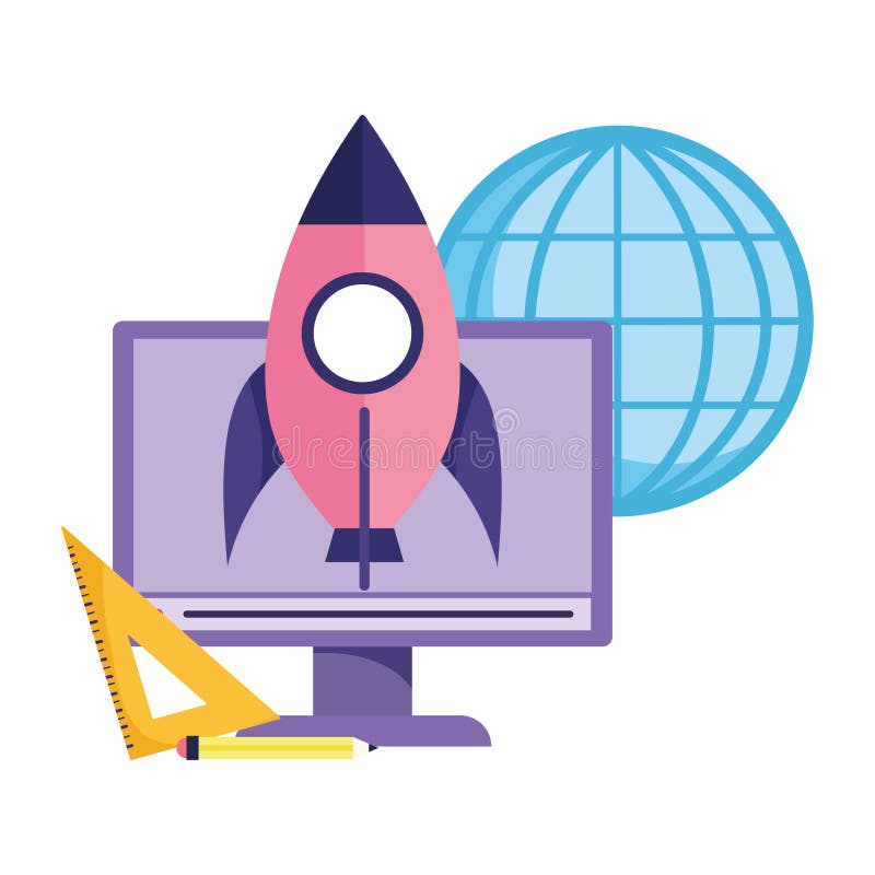 Online Education, Computer World Triangle Ruler Pencil Startup Stock ...