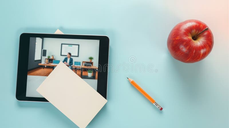 Online Education Concept with Digital Tablet, Red Apple, Notepad and ...
