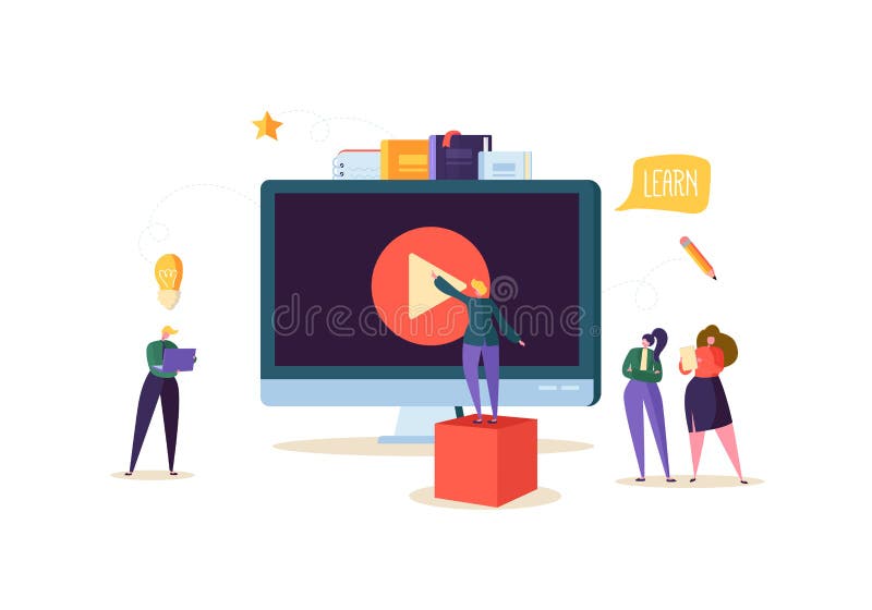Online Education Concept. E-Learning with Flat People Watching ...