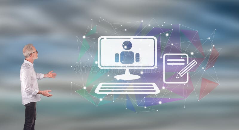 An Online Education Concept Explained by a Businessman on a Wall Screen ...