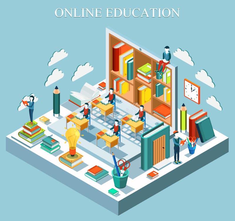 Online Education Isometric Flat Design. the Concept of Learning and Reading Books in the Library ...